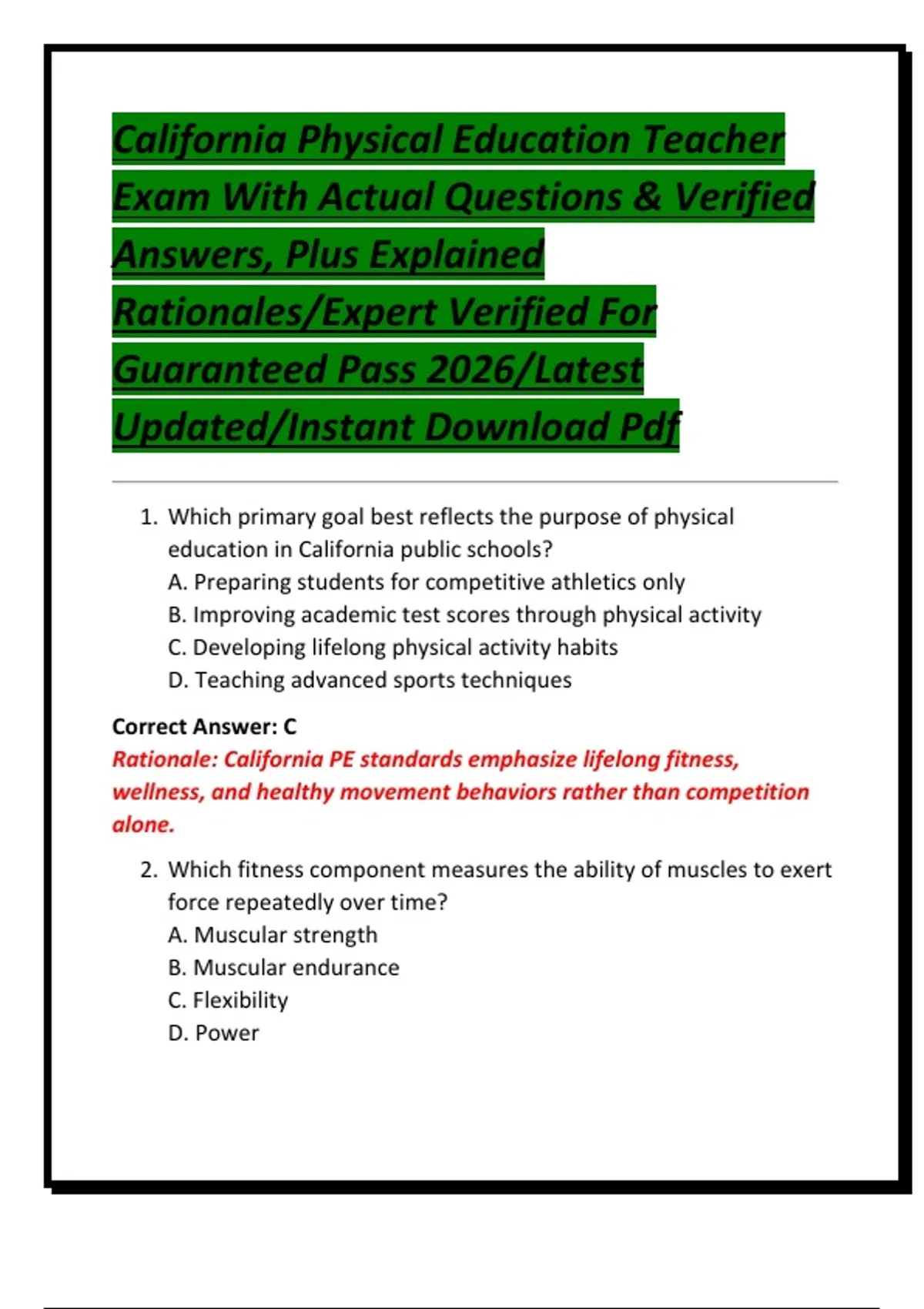 California Physical Education Teacher Exam With Actual Questions ...