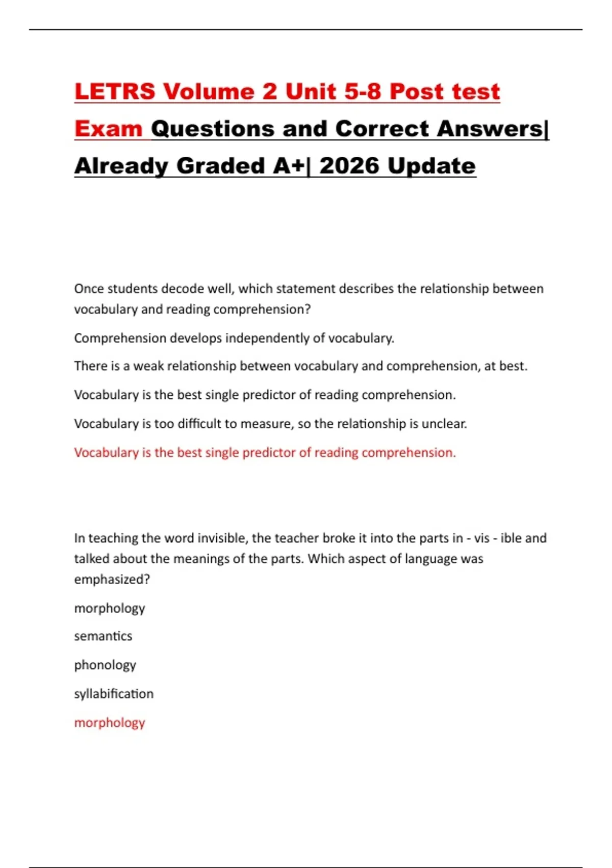 LETRS Volume 2 Unit 5-8 Post test Exam Questions and Correct Answers ...