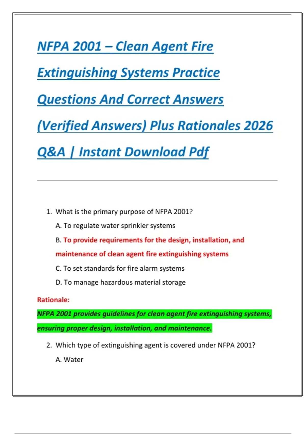 NFPA 2001 – Clean Agent Fire Extinguishing Systems Practice Questions ...
