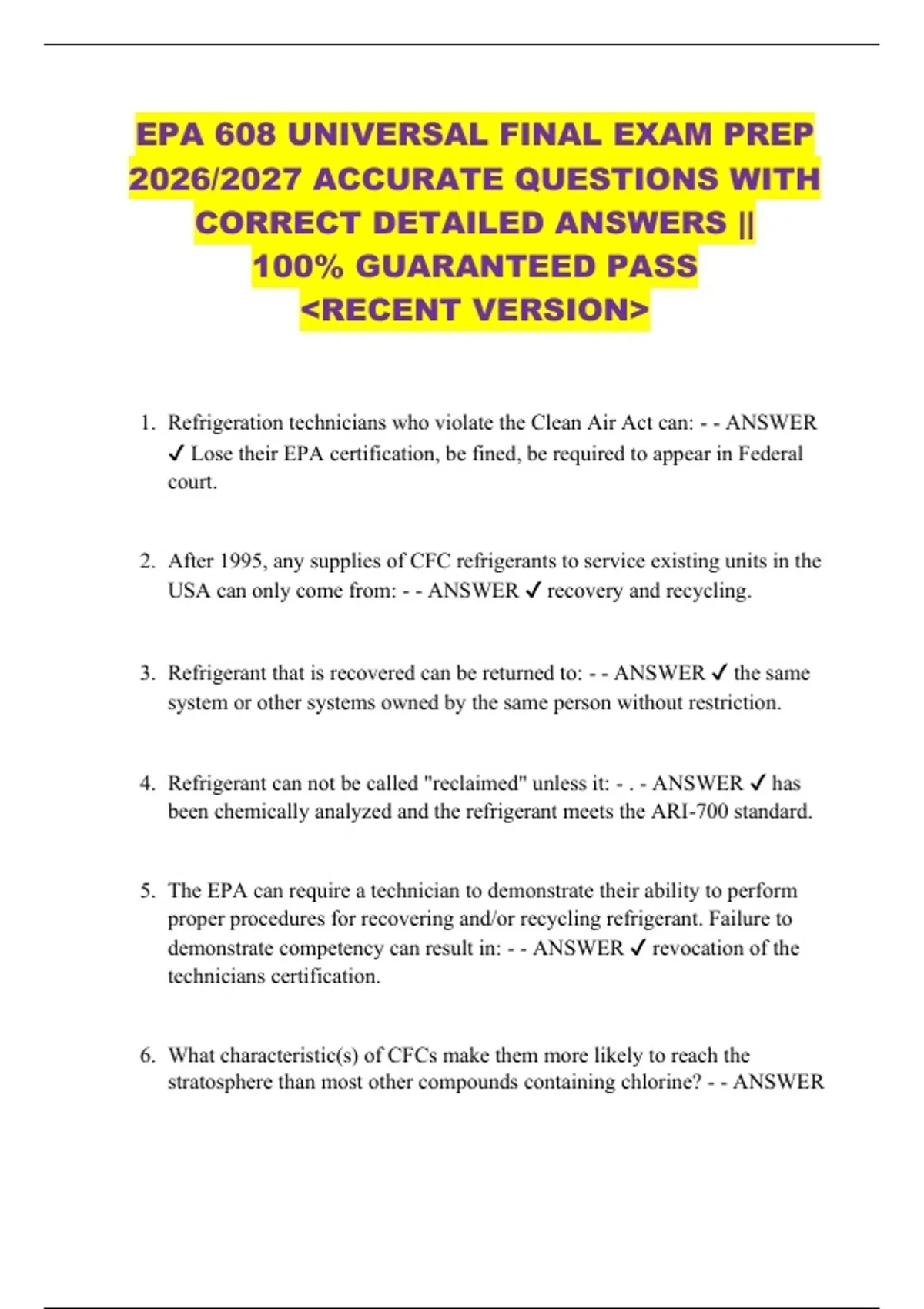 EPA 608 UNIVERSAL FINAL EXAM PREP 2026/2027 ACCURATE QUESTIONS WITH ...