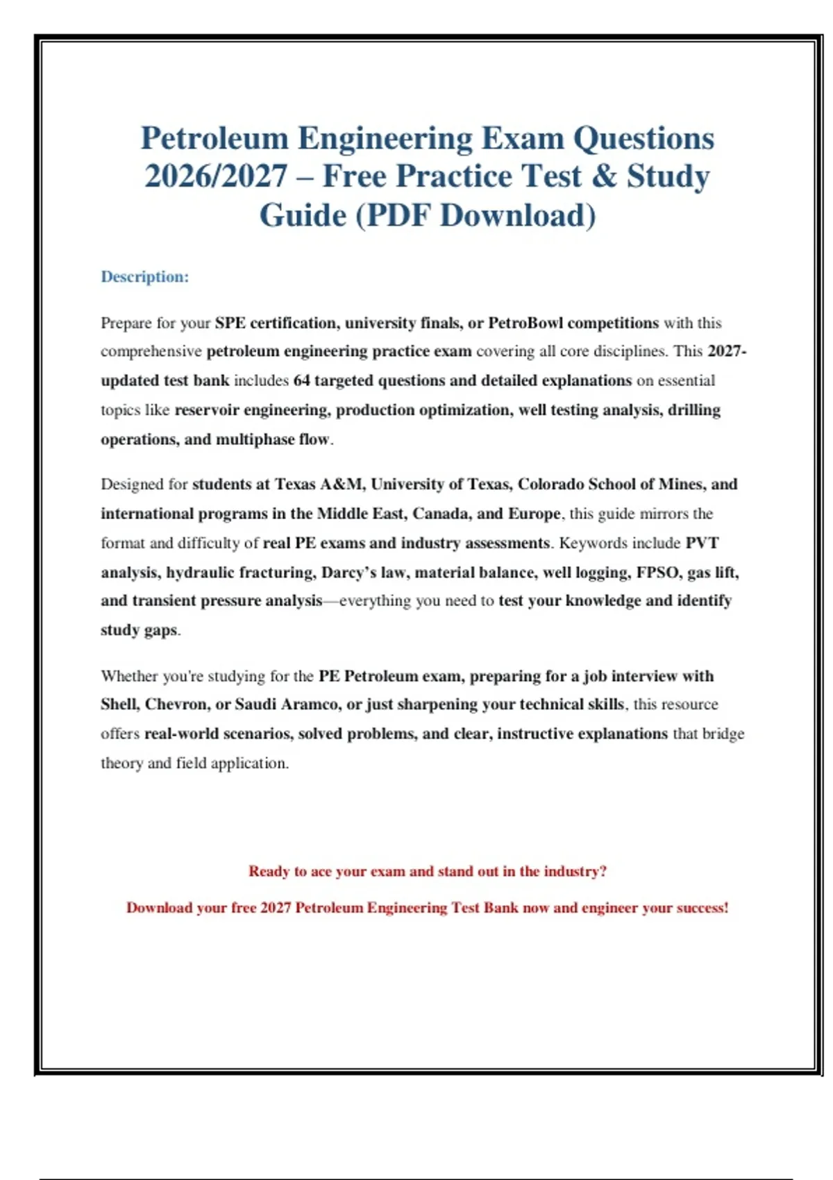 Petroleum Engineering Final Exam Practice 2027: Questions & Answers ...