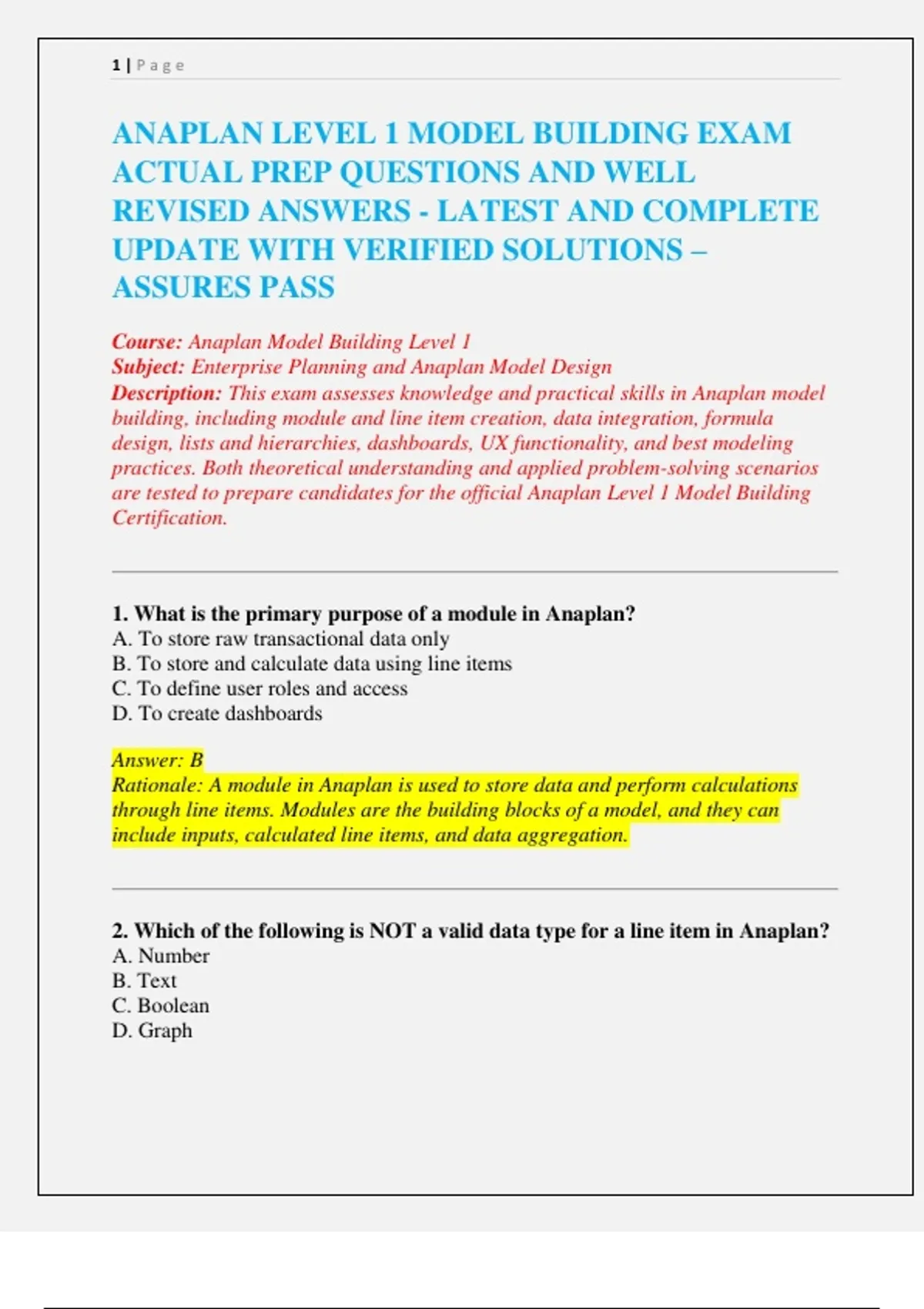 ANAPLAN LEVEL 1 MODEL BUILDING EXAM ACTUAL PREP QUESTIONS AND WELL ...