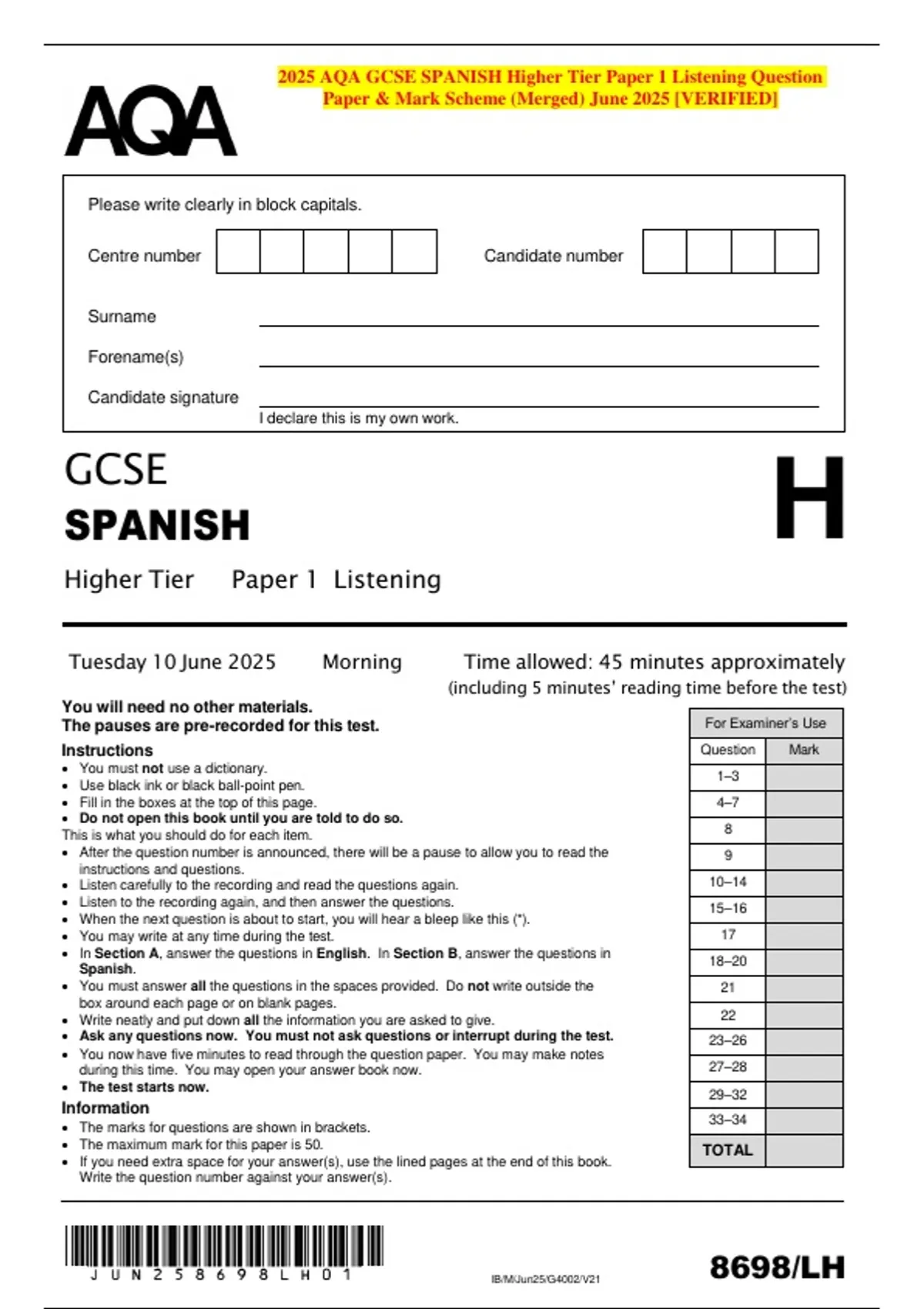 2025 AQA GCSE SPANISH Higher Tier Paper 1 Listening Question Paper ...