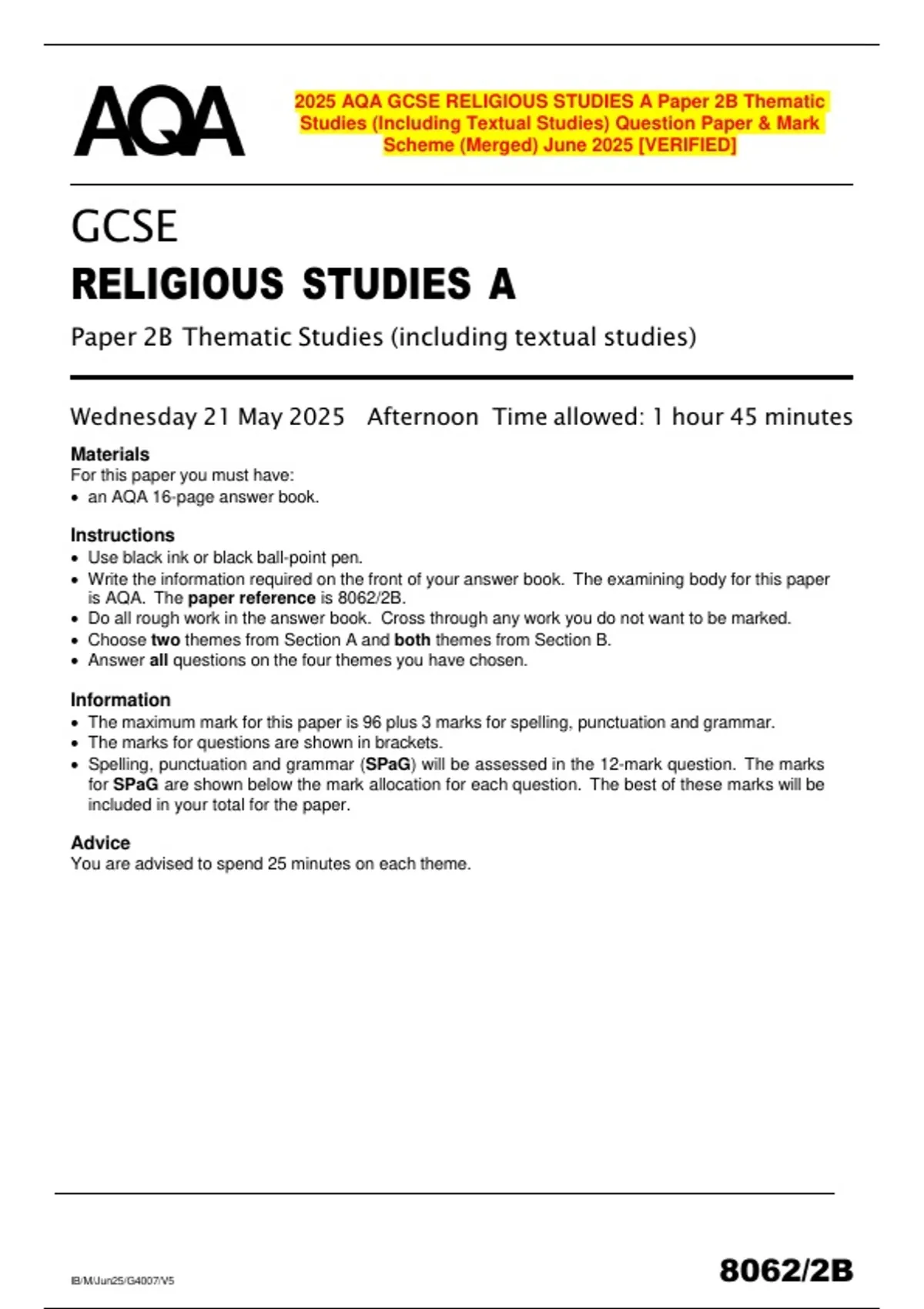 2025 AQA GCSE RELIGIOUS STUDIES A Paper 2B Thematic Studies (Including ...