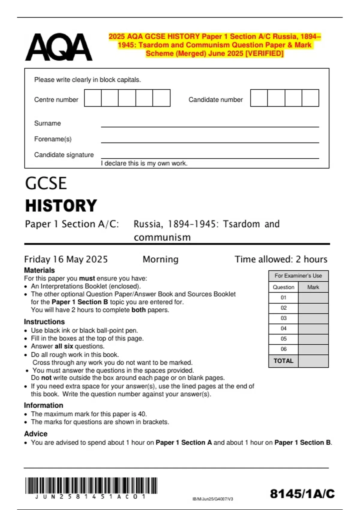 2025 AQA GCSE HISTORY Paper 1 Section A/C Russia, : Tsardom and ...