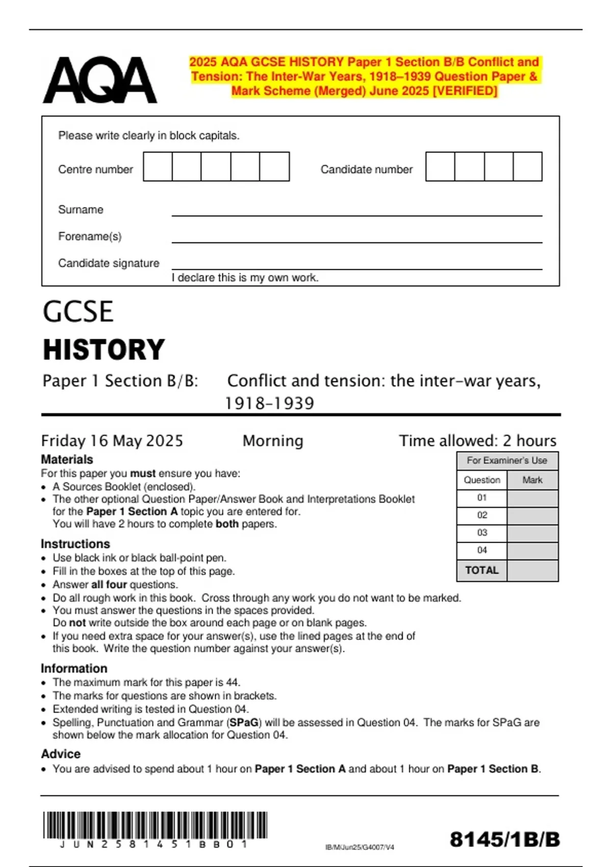 2025 AQA GCSE HISTORY Paper 1 Section B/B Conflict and Tension: The ...