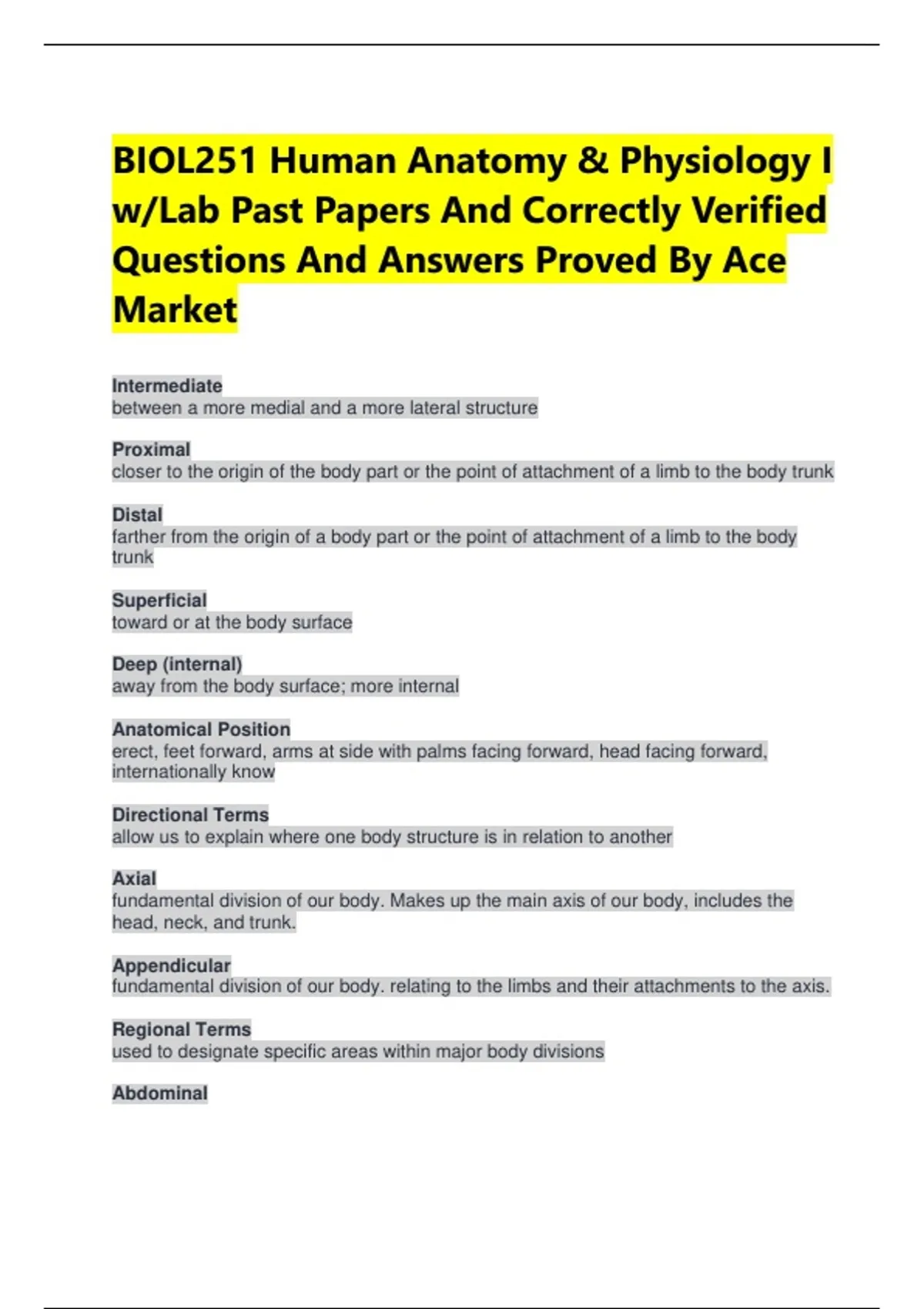 BIOL251 Human Anatomy & Physiology I w/Lab Past Papers And Correctly ...