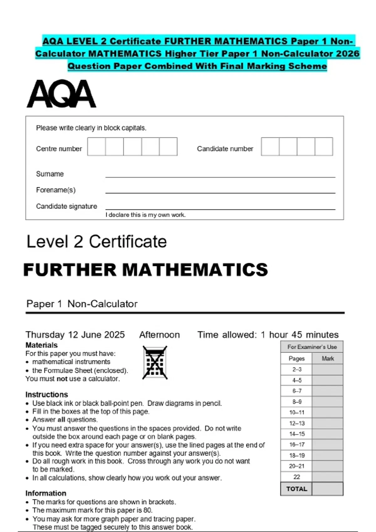 AQA LEVEL 2 Certificate FURTHER MATHEMATICS Paper 1 Non- Calculator ...