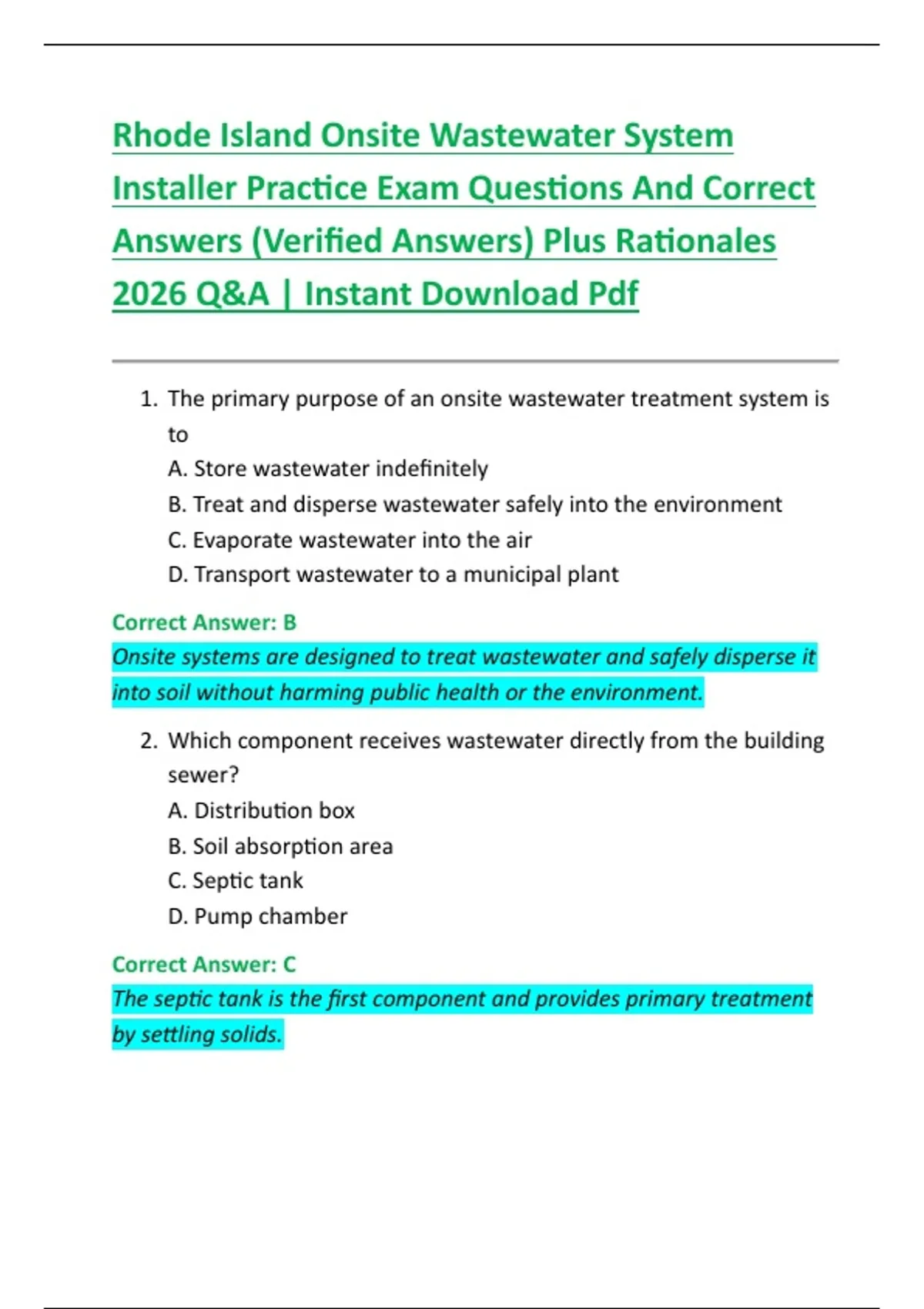 Rhode Island Onsite Wastewater System Installer Practice Exam Questions ...
