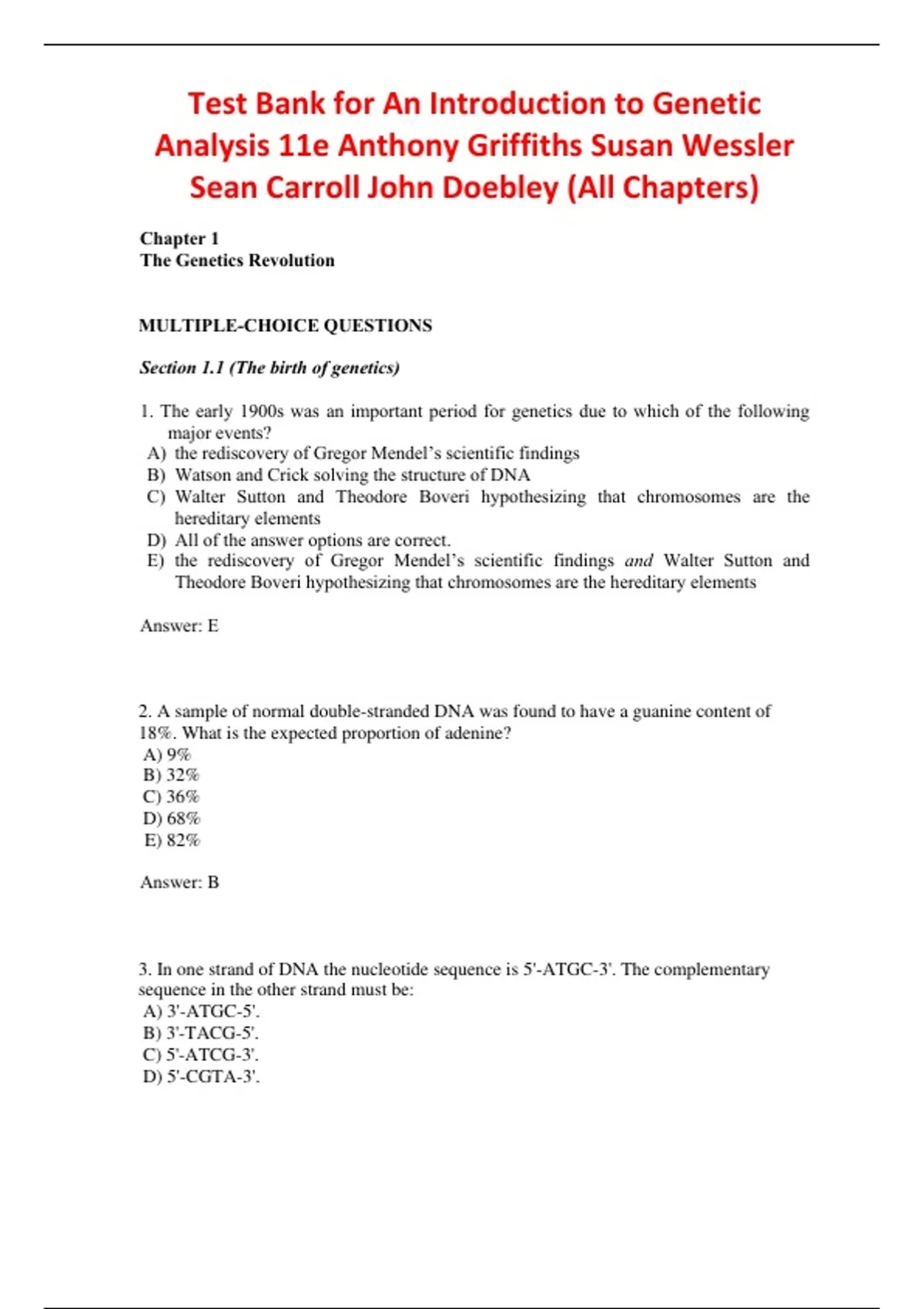 Test Bank for An Introduction to Genetic Analysis 11th Edition By ...