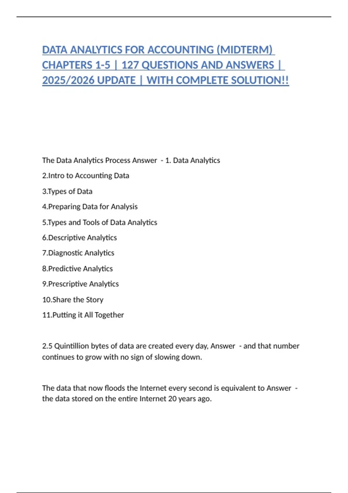 DATA ANALYTICS FOR ACCOUNTING (MIDTERM) CHAPTERS 1-5 | 127 QUESTIONS ...