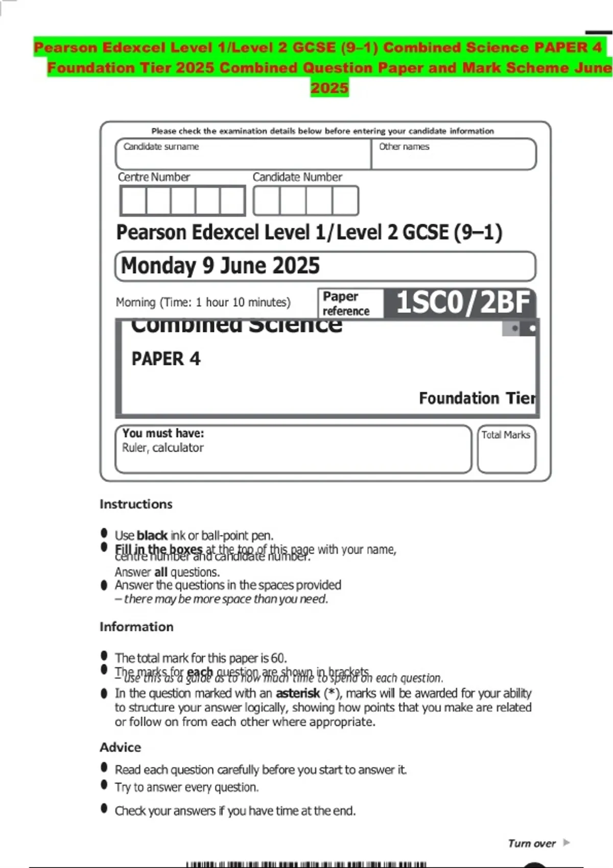 Pearson Edexcel Level 1/Level 2 GCSE (9–1) Combined Science PAPER 4 ...