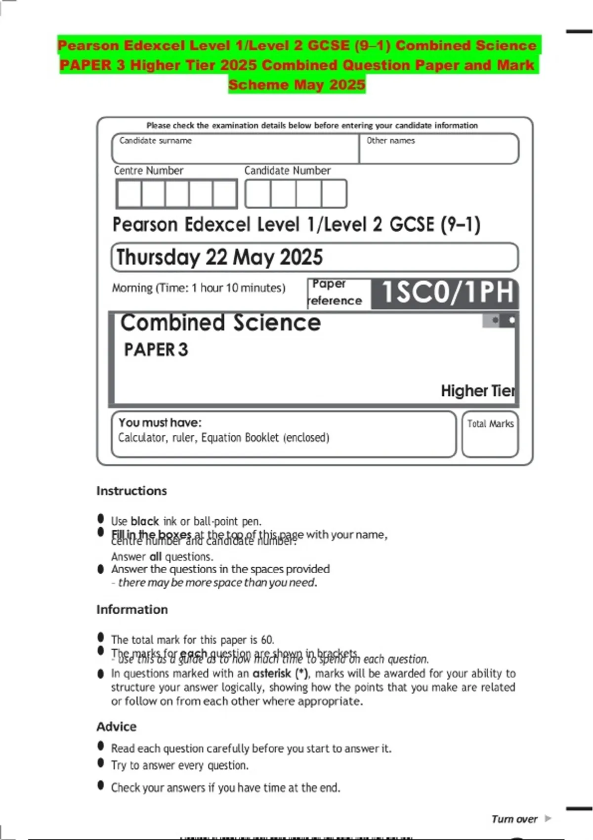 Pearson Edexcel Level 1/Level 2 GCSE (9–1) Combined Science PAPER 3 ...