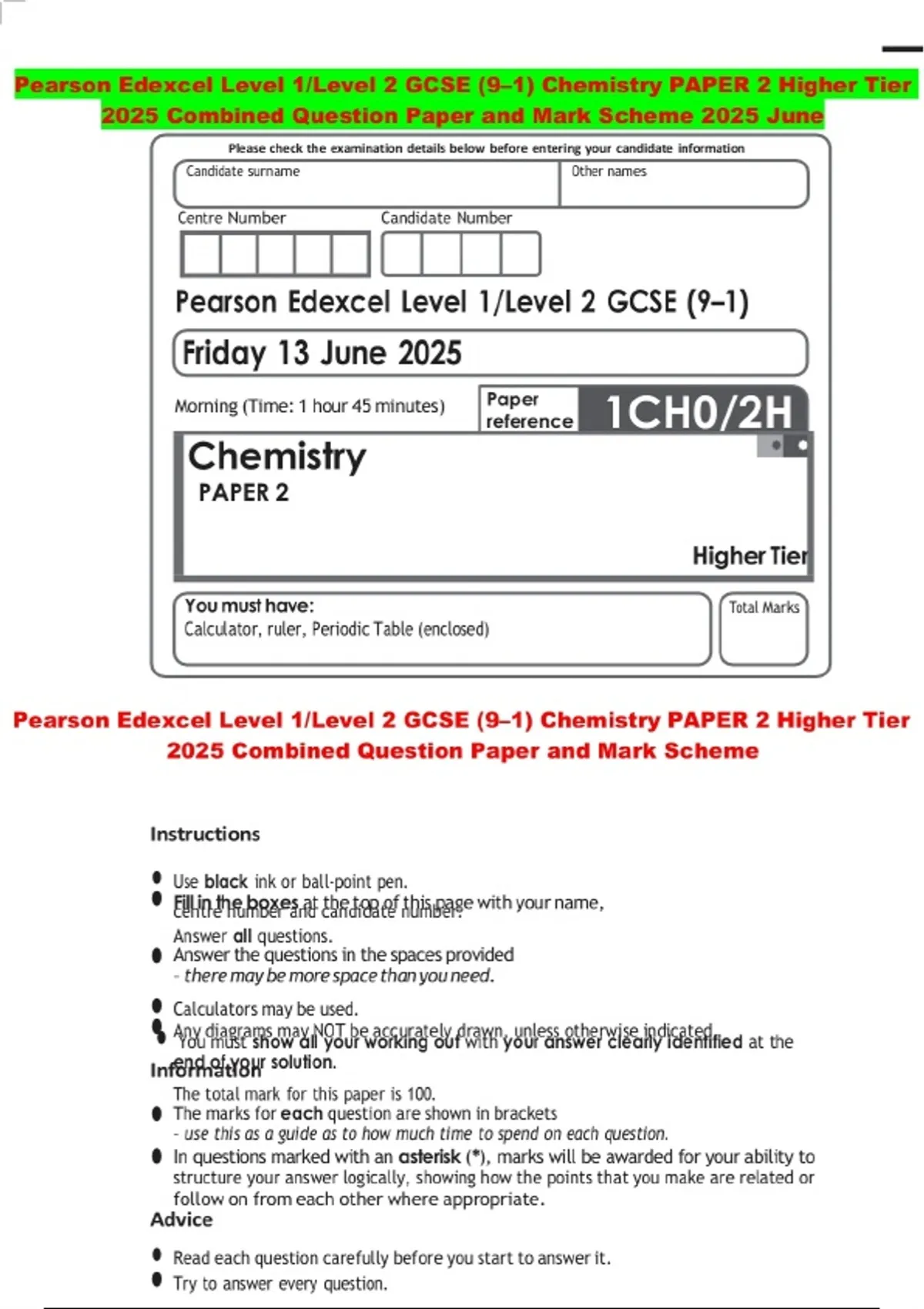 Pearson Edexcel Level 1/Level 2 GCSE (9–1) Chemistry PAPER 2 Higher ...