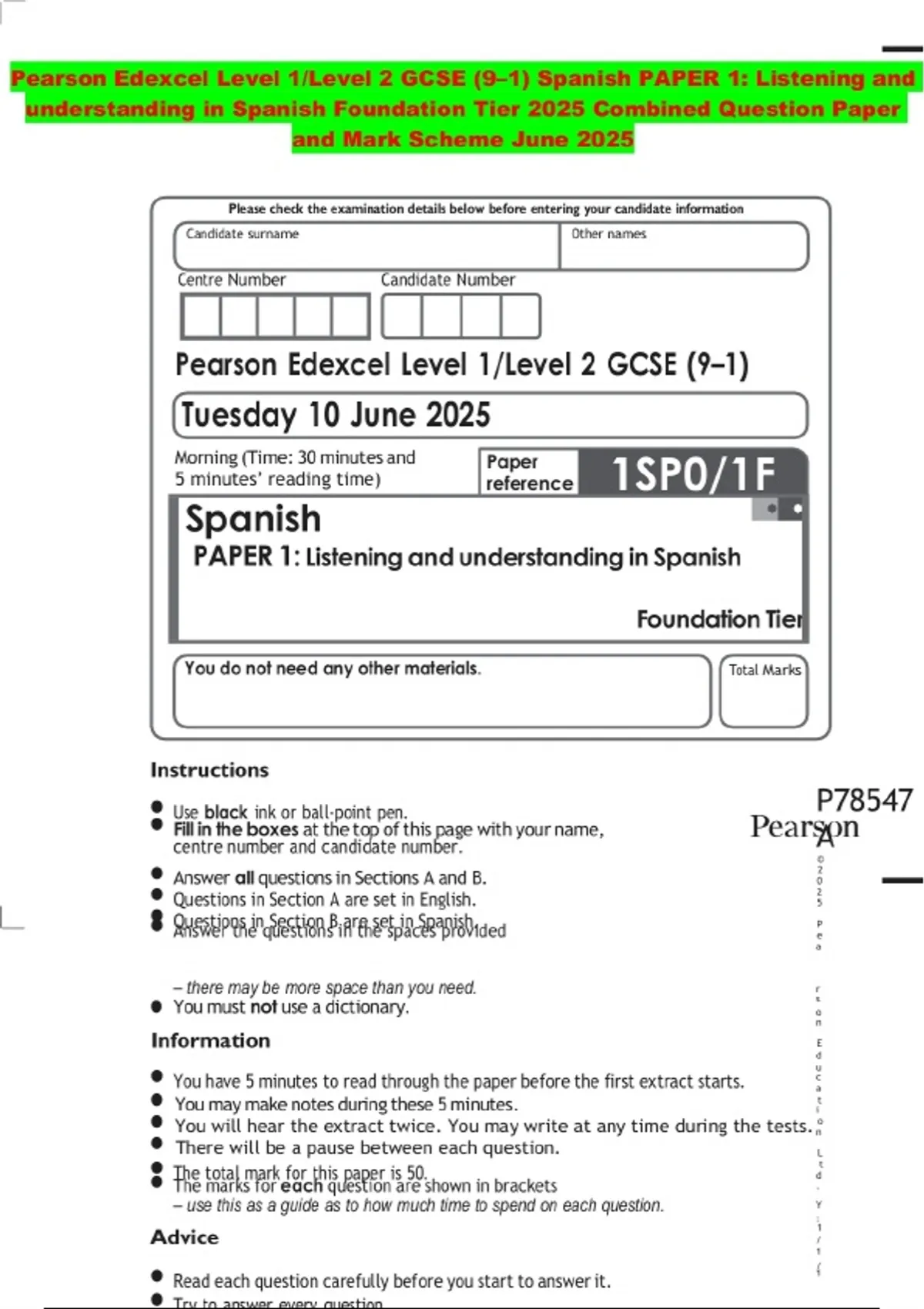 Pearson Edexcel Level 1/Level 2 GCSE (9–1) Spanish PAPER 1: Listening ...