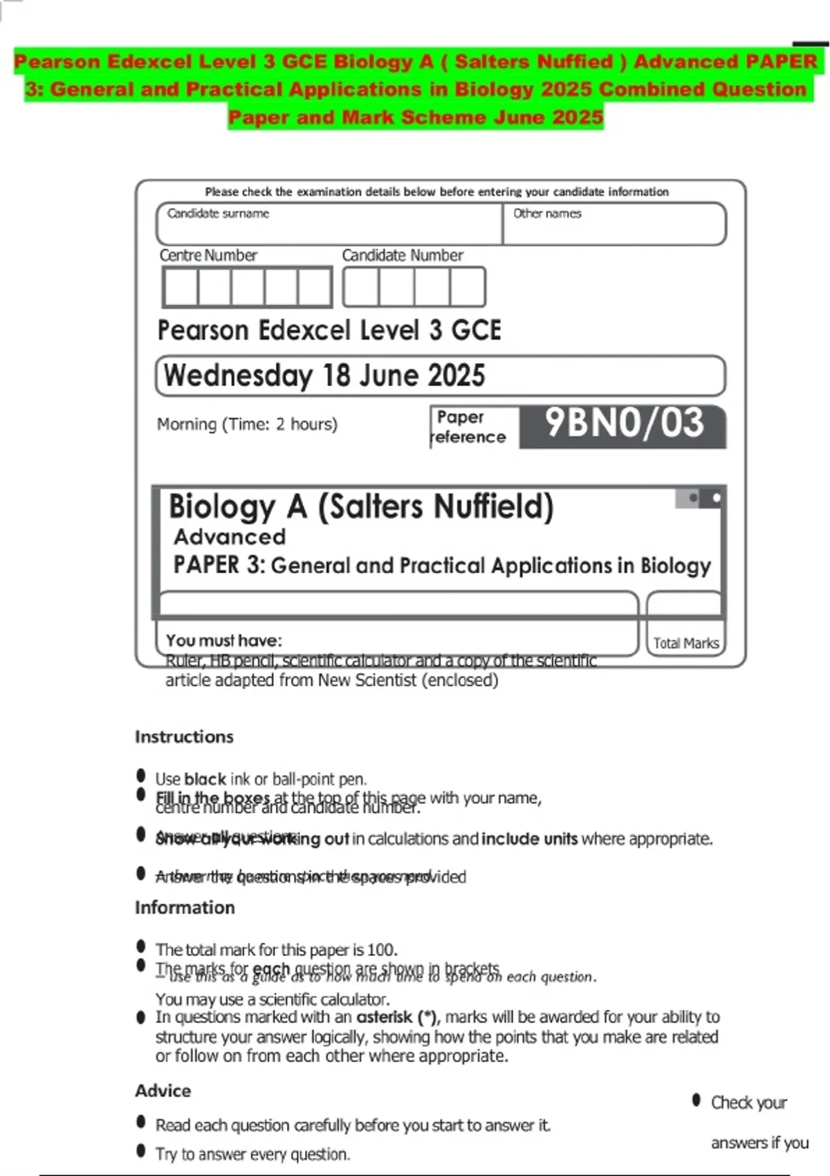 Pearson Edexcel Level 3 GCE Biology A ( Salters Nuffied ) Advanced ...
