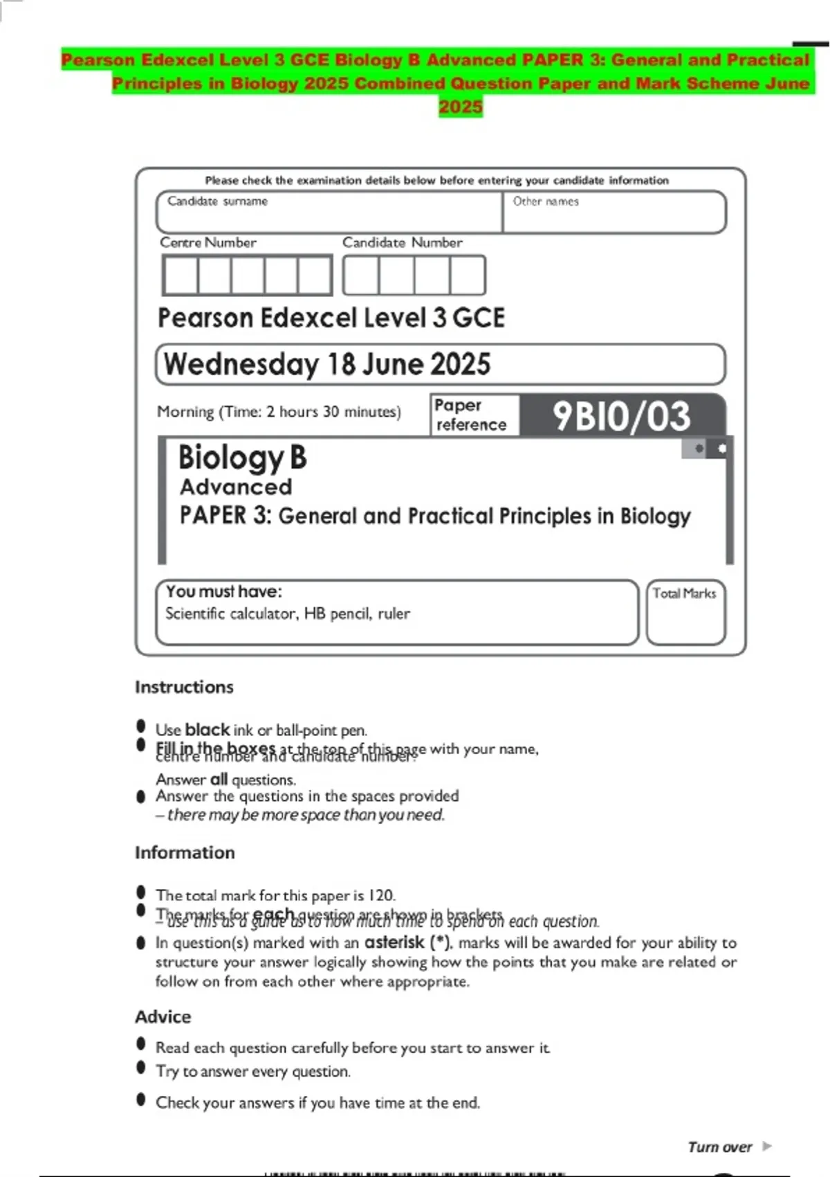 Pearson Edexcel Level 3 GCE Biology B Advanced PAPER 3: General and ...