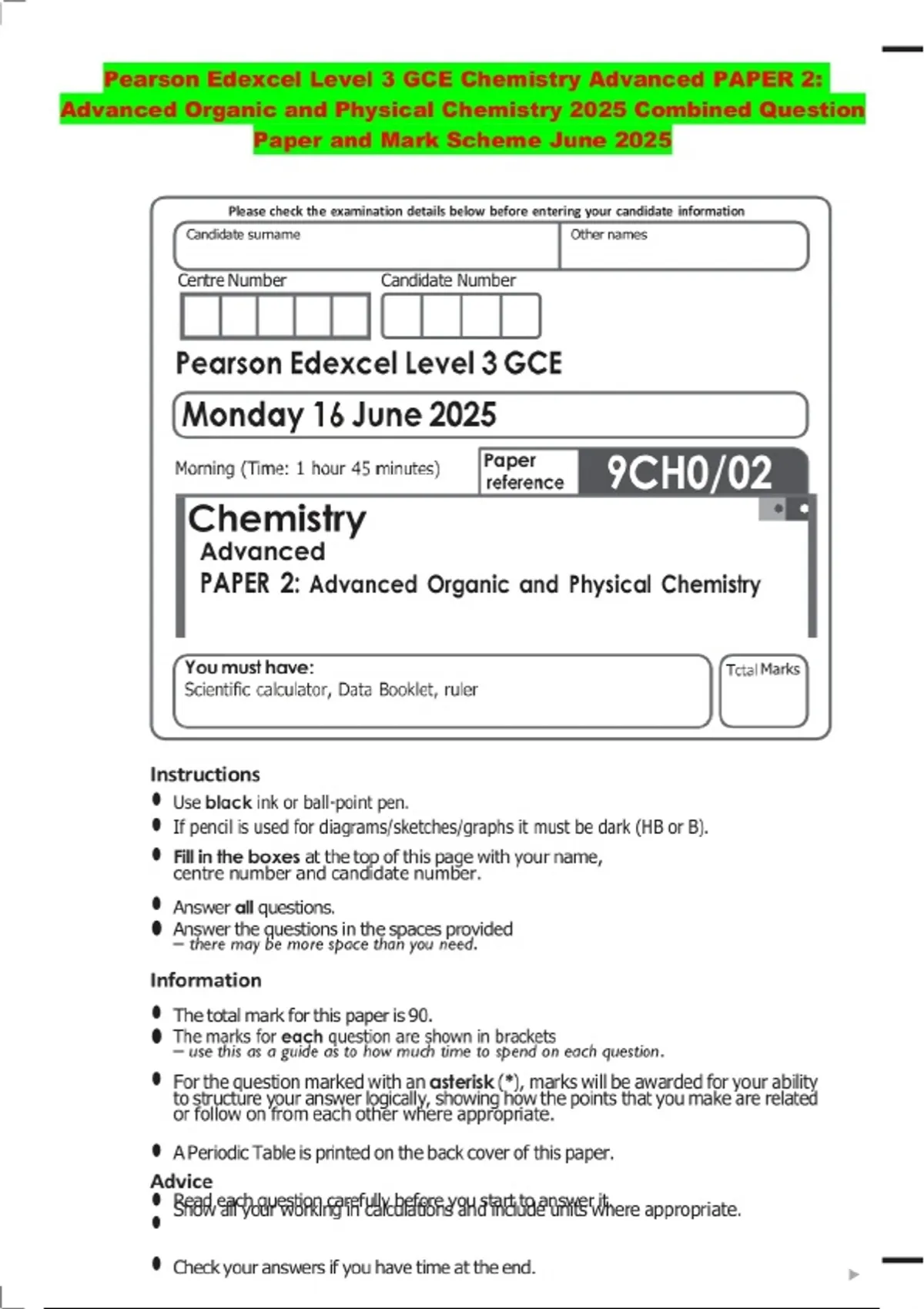 Pearson Edexcel Level 3 GCE Chemistry Advanced PAPER 2: Advanced ...