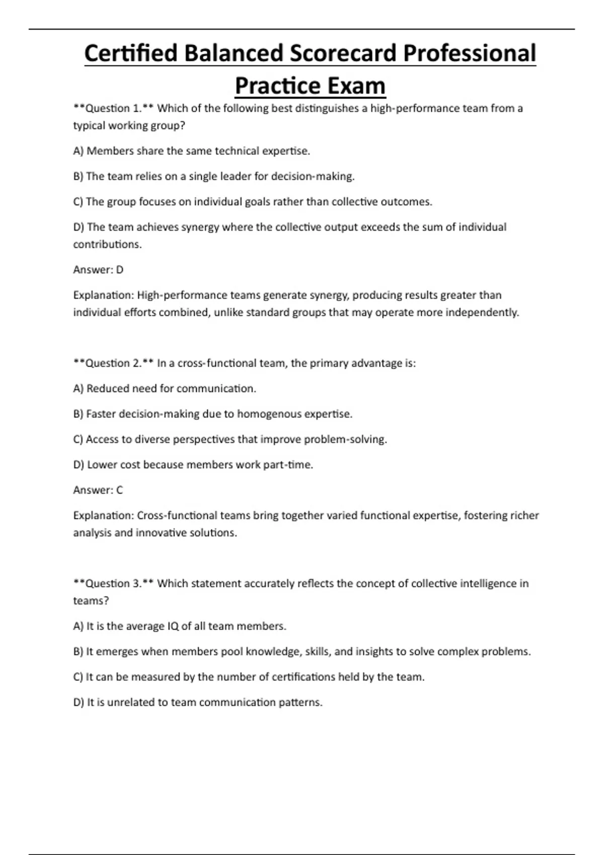 Certified Balanced Scorecard Professional Practice Exam - Computer ...