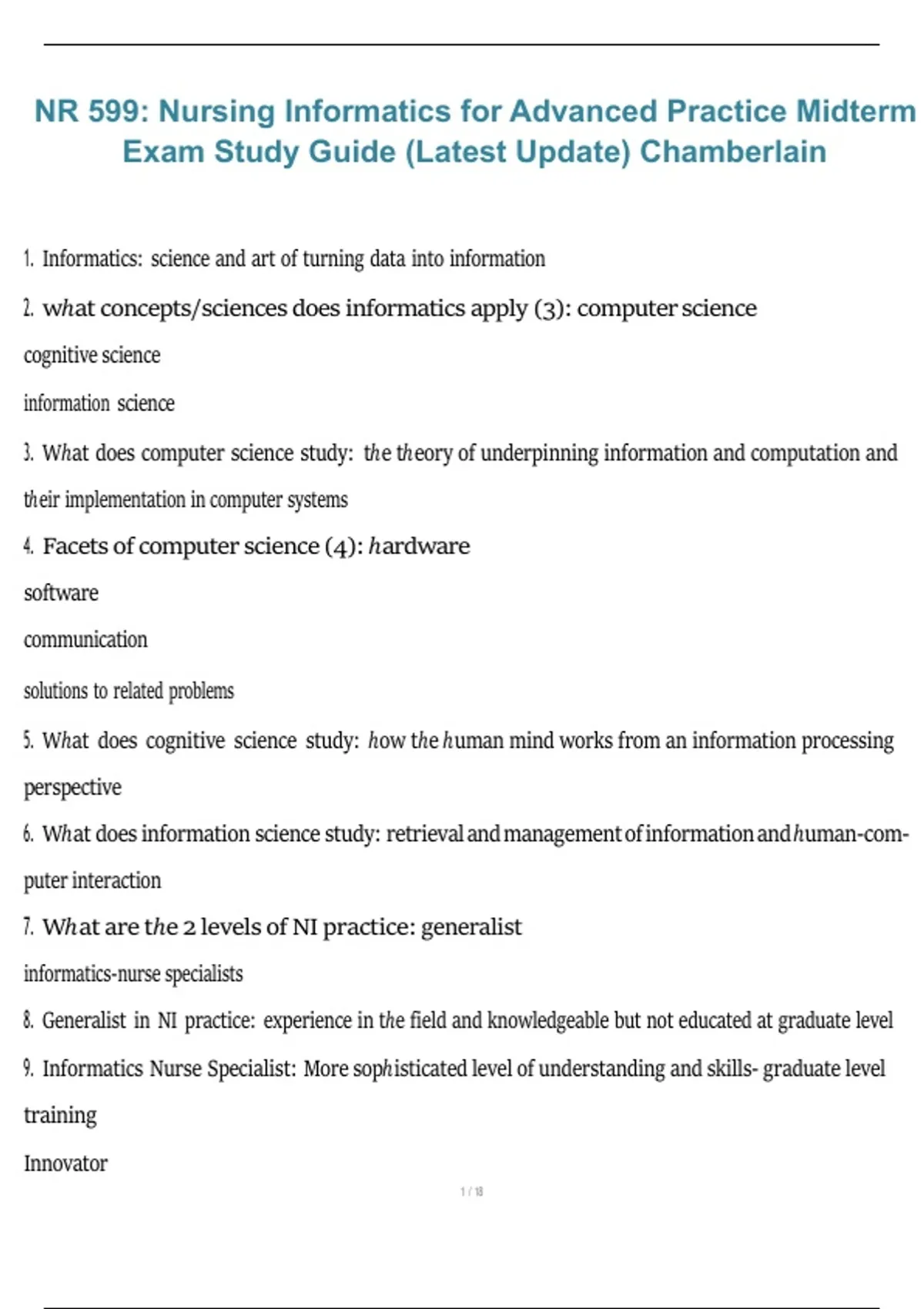 NR 599 – Nursing Informatics for Advanced Practice Midterm Exam Study ...