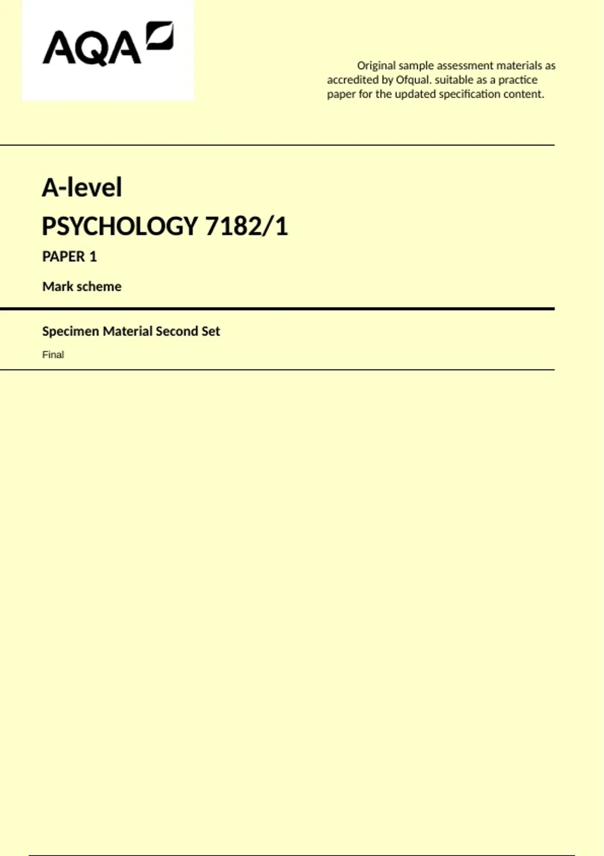 2025 AQA PSYCHOLOGY Mark scheme (Specimen Material Second Set) Paper 2 ...