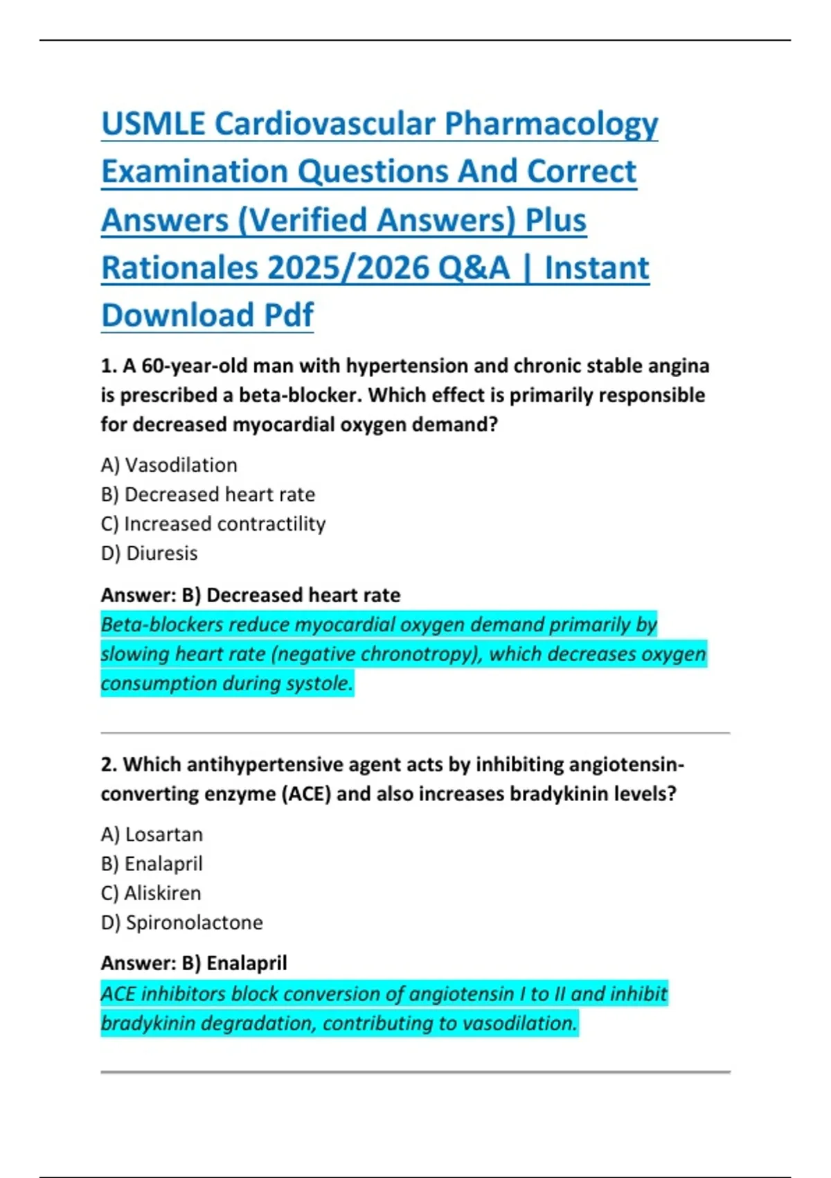 USMLE Cardiovascular Pharmacology Examination Questions And Correct ...
